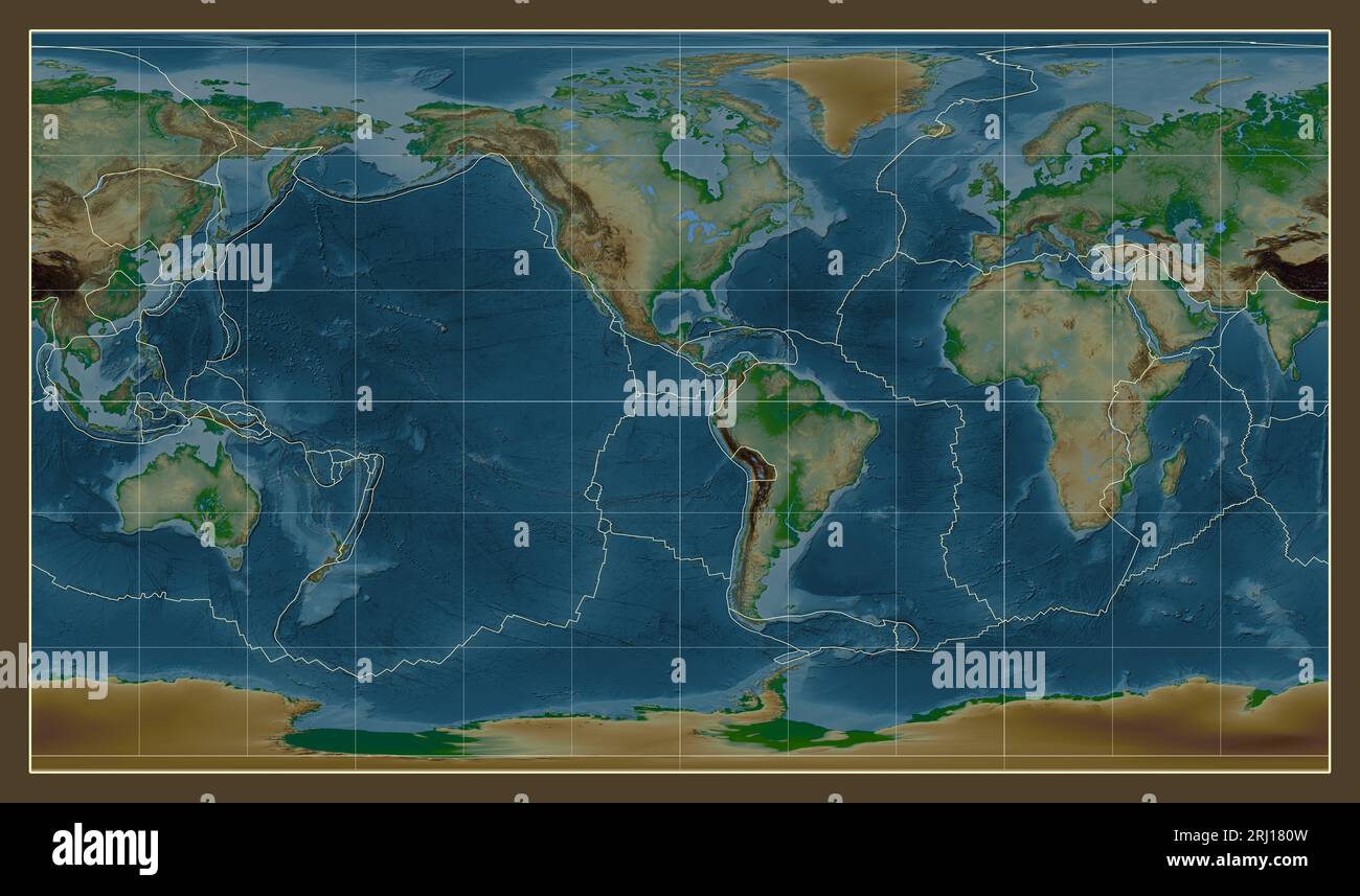 Tectonic plate boundaries on a physical map of the world in the ...