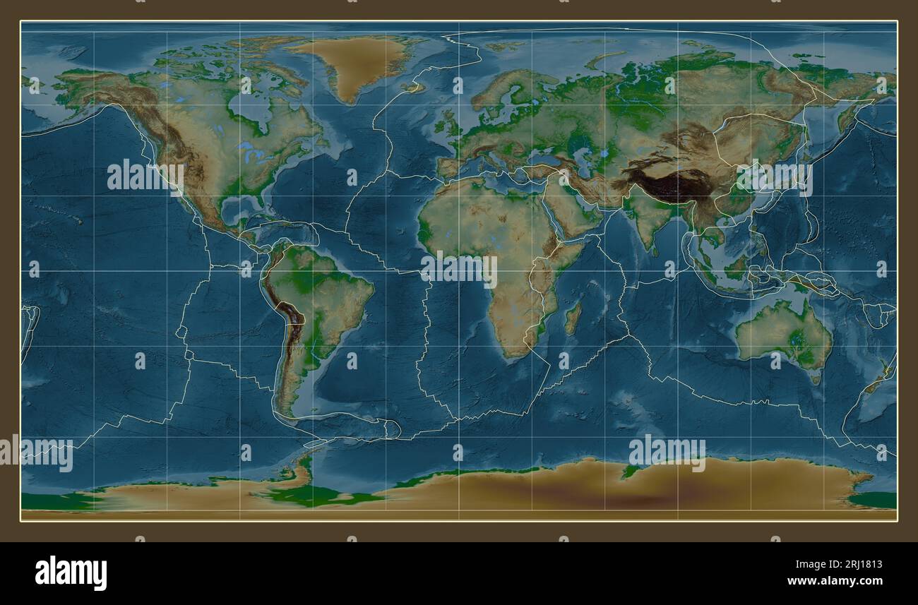 Tectonic plate boundaries on a physical map of the world in the ...