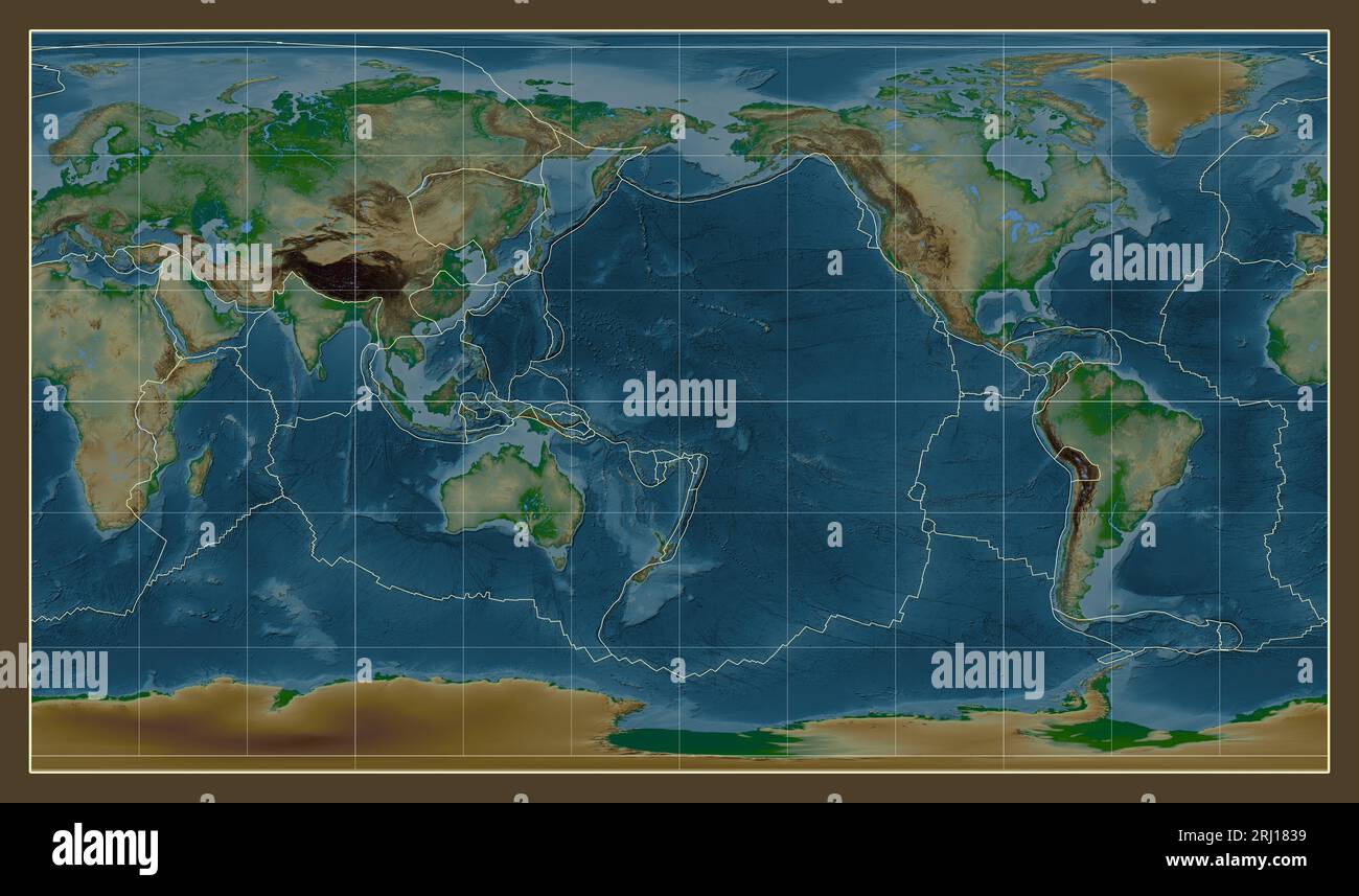 Tectonic plate boundaries on a physical map of the world in the ...