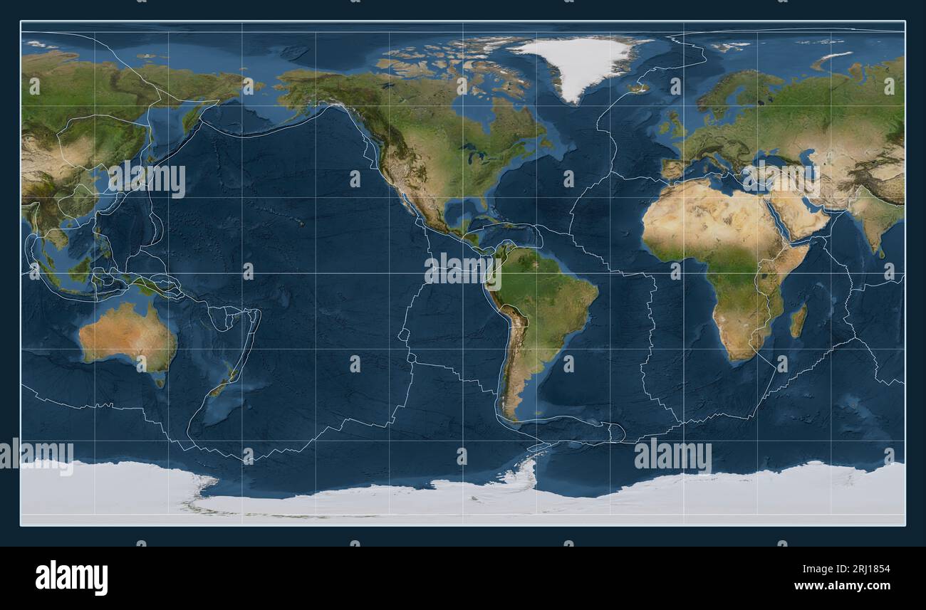 Tectonic plate boundaries on a satellite map of the world in the ...