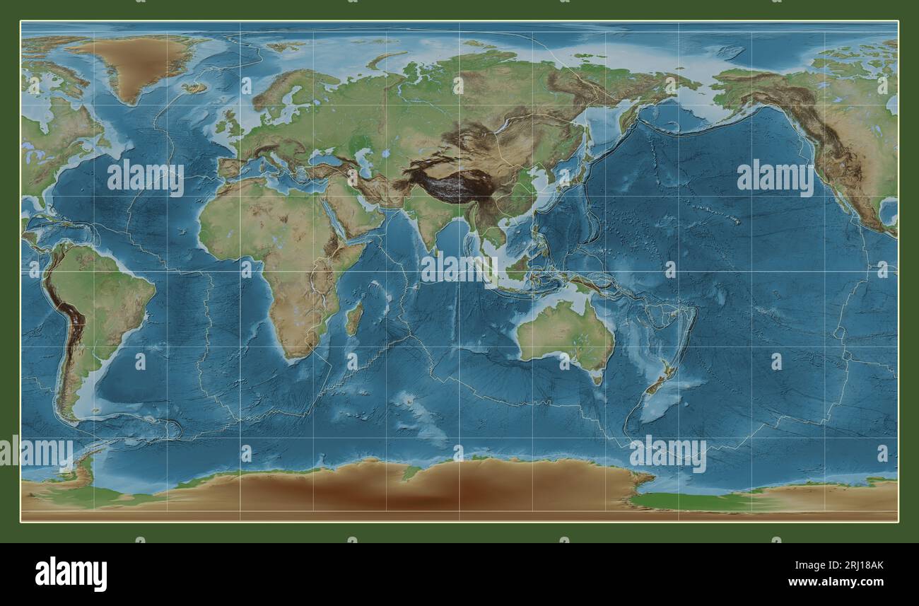 Tectonic plate boundaries on a colored elevation map of the world in ...