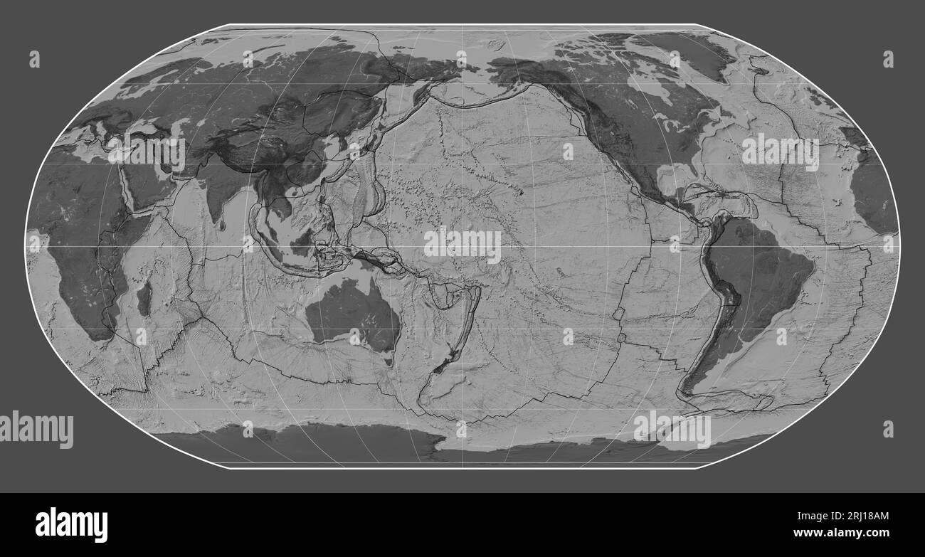 Tectonic plate boundaries on a bilevel map of the world in the Robinson ...