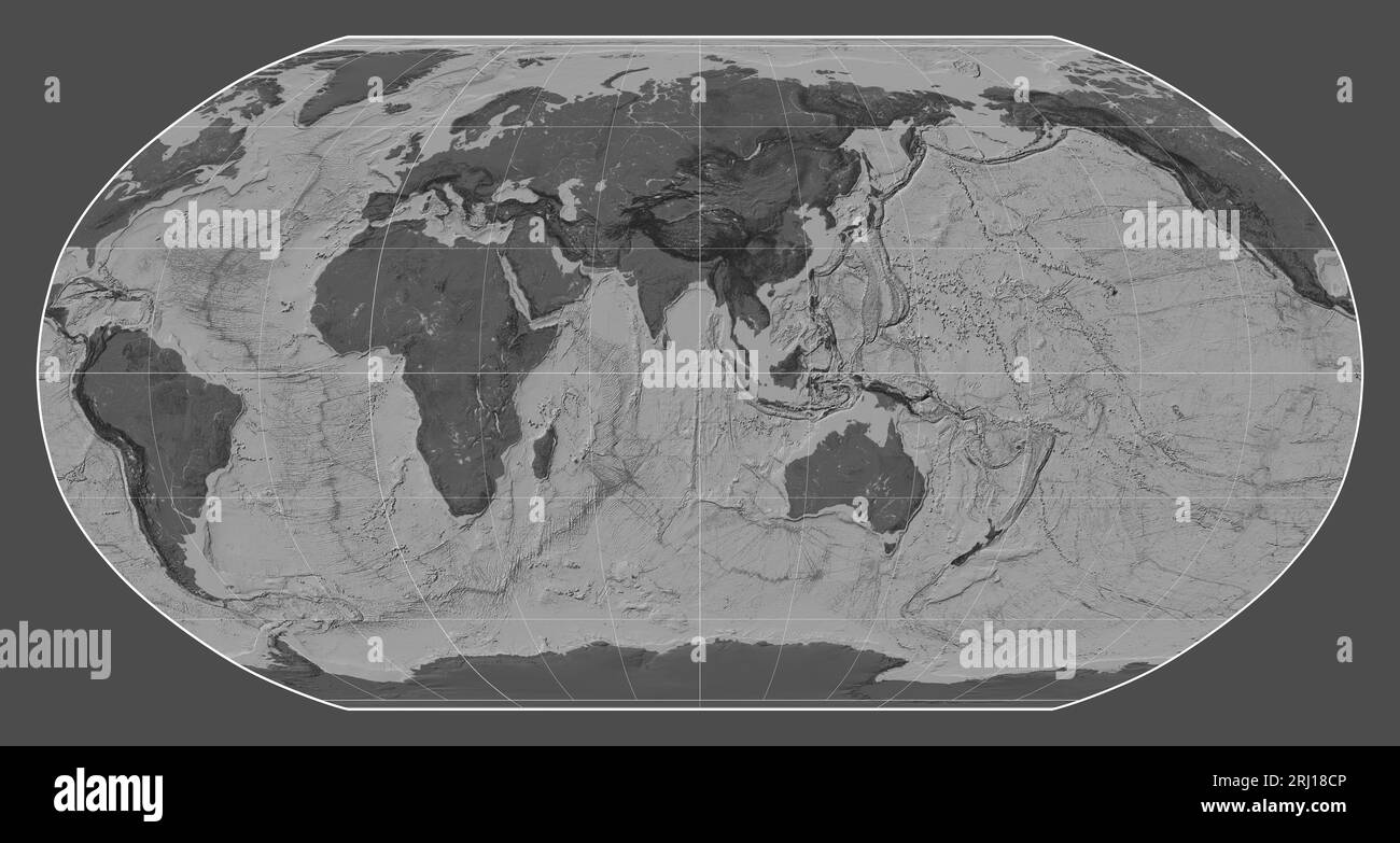 Bilevel map of the world in the Robinson projection centered on the ...
