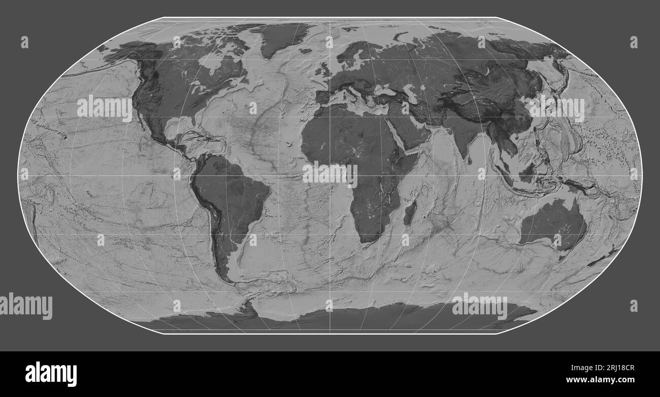 Bilevel map of the world in the Robinson projection centered on the ...