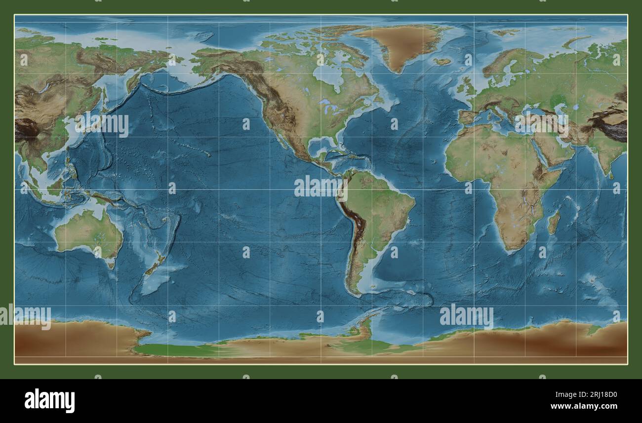 Colored elevation map of the world in the Patterson Cylindrical ...