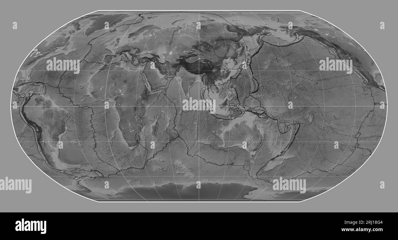 Tectonic plate boundaries on a grayscale map of the world in the ...