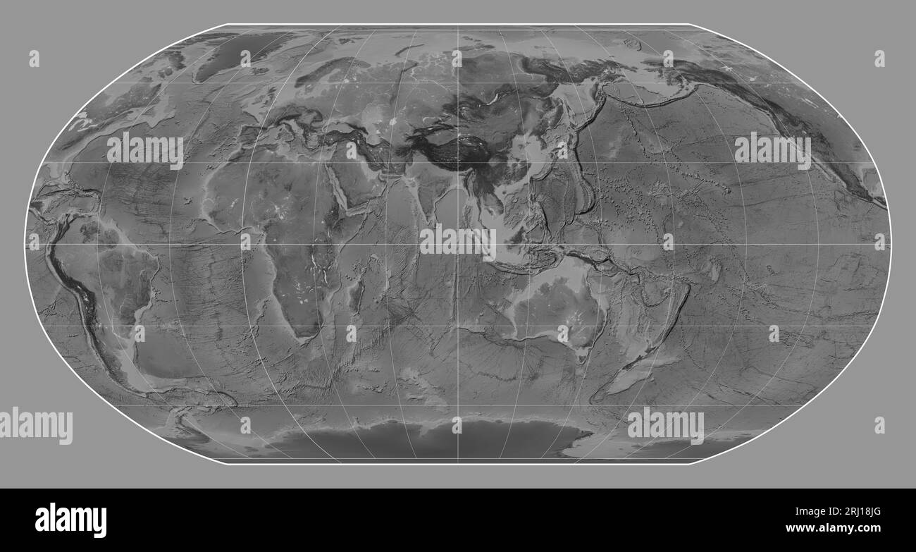 Grayscale map of the world in the Robinson projection centered on the ...