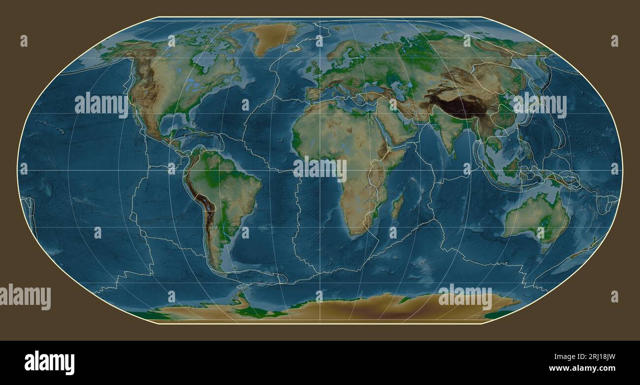 Tectonic plate boundaries on a physical map of the world in the ...