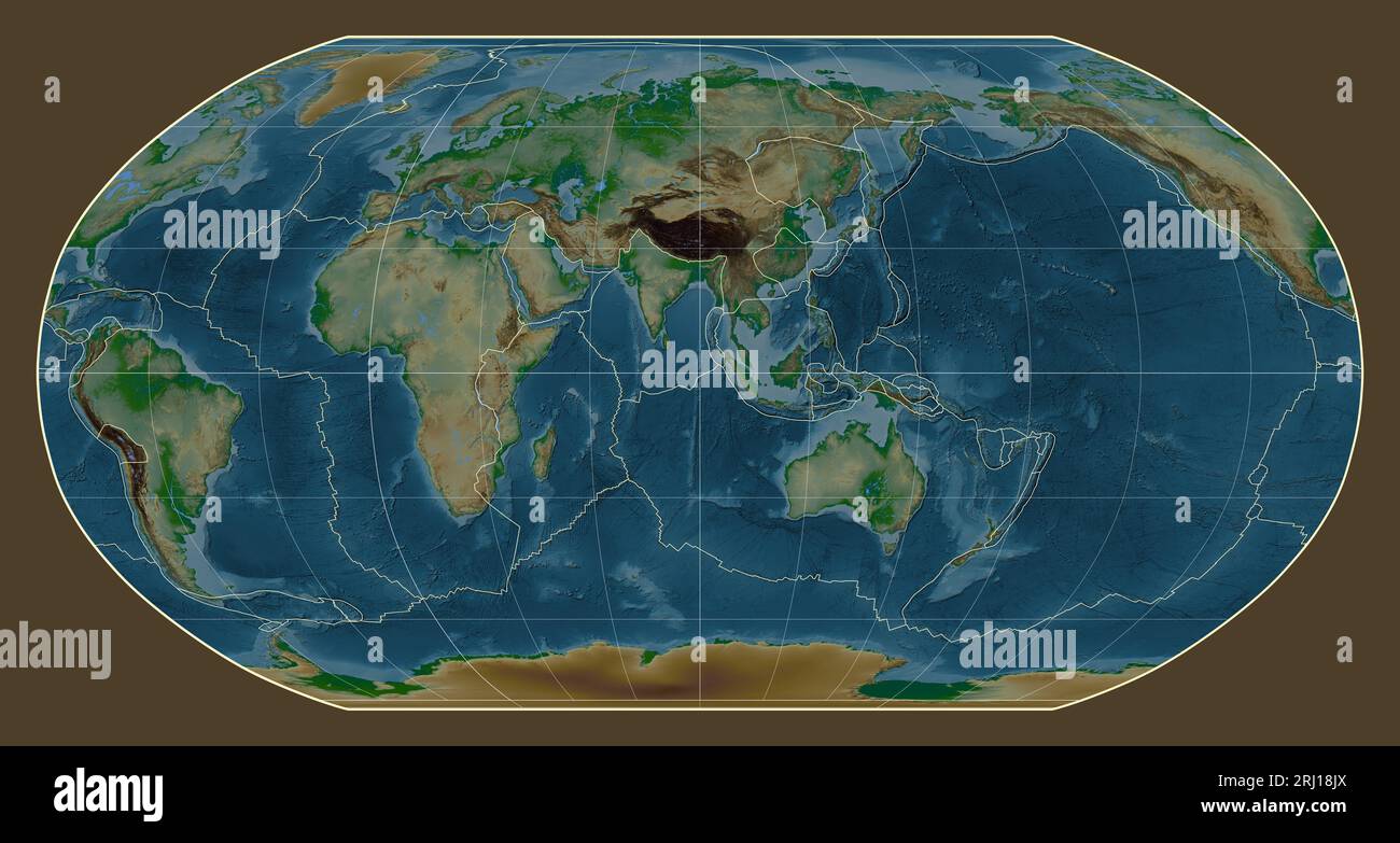 Tectonic plate boundaries on a physical map of the world in the ...
