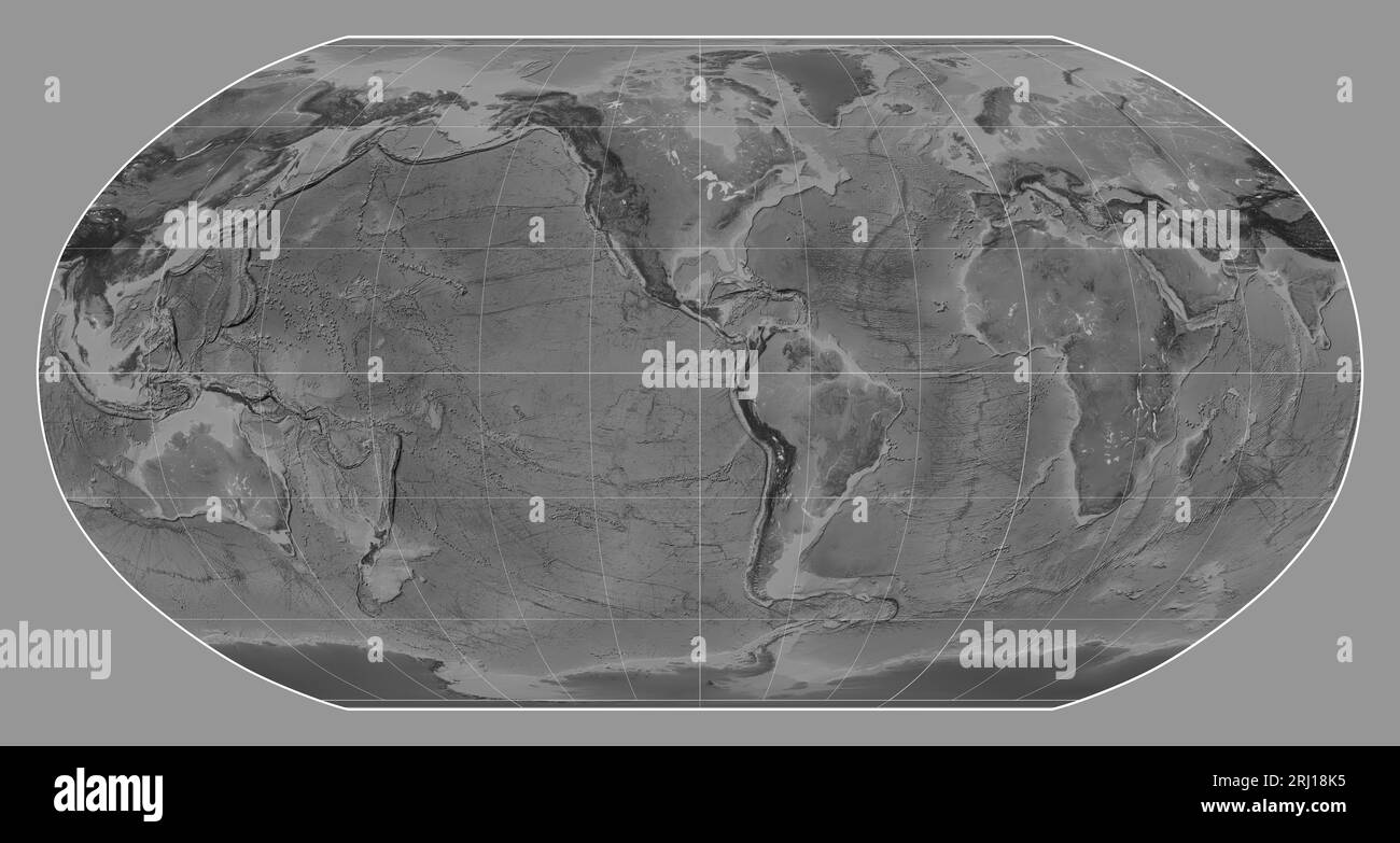 Grayscale map of the world in the Robinson projection centered on the ...