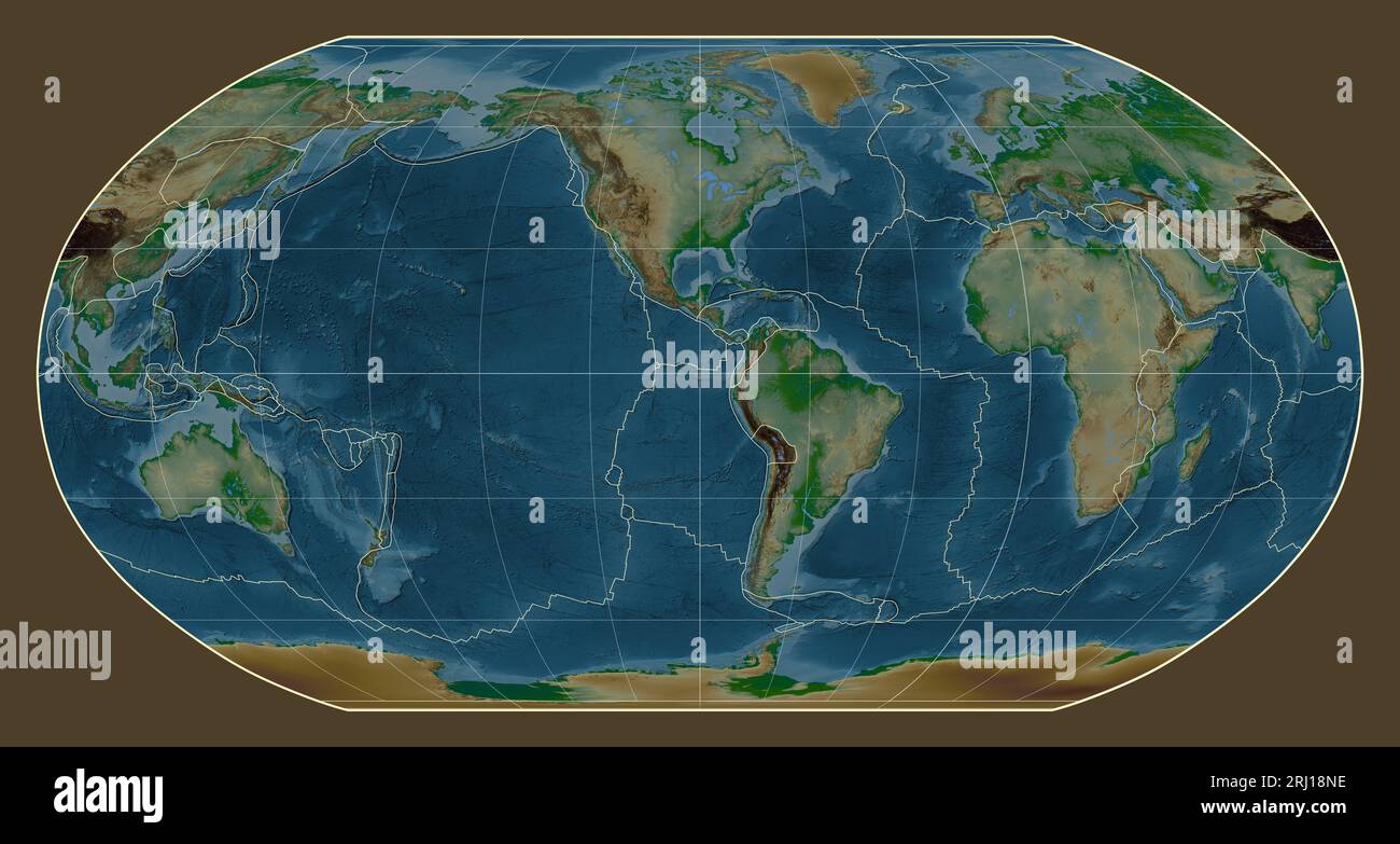Tectonic plate boundaries on a physical map of the world in the ...