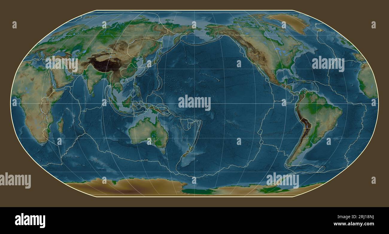 Tectonic plate boundaries on a physical map of the world in the ...