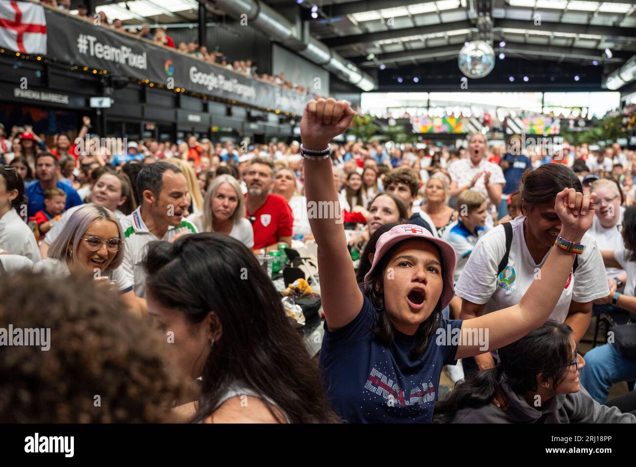 London, UK. 20 August 2023. England fans at BOXPARK Wembley Park ...