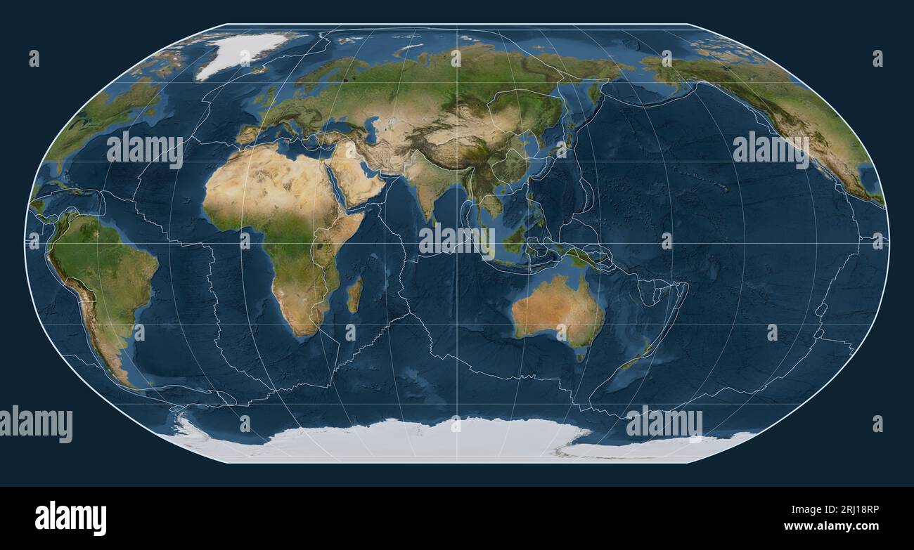 Tectonic plate boundaries on a satellite map of the world in the ...