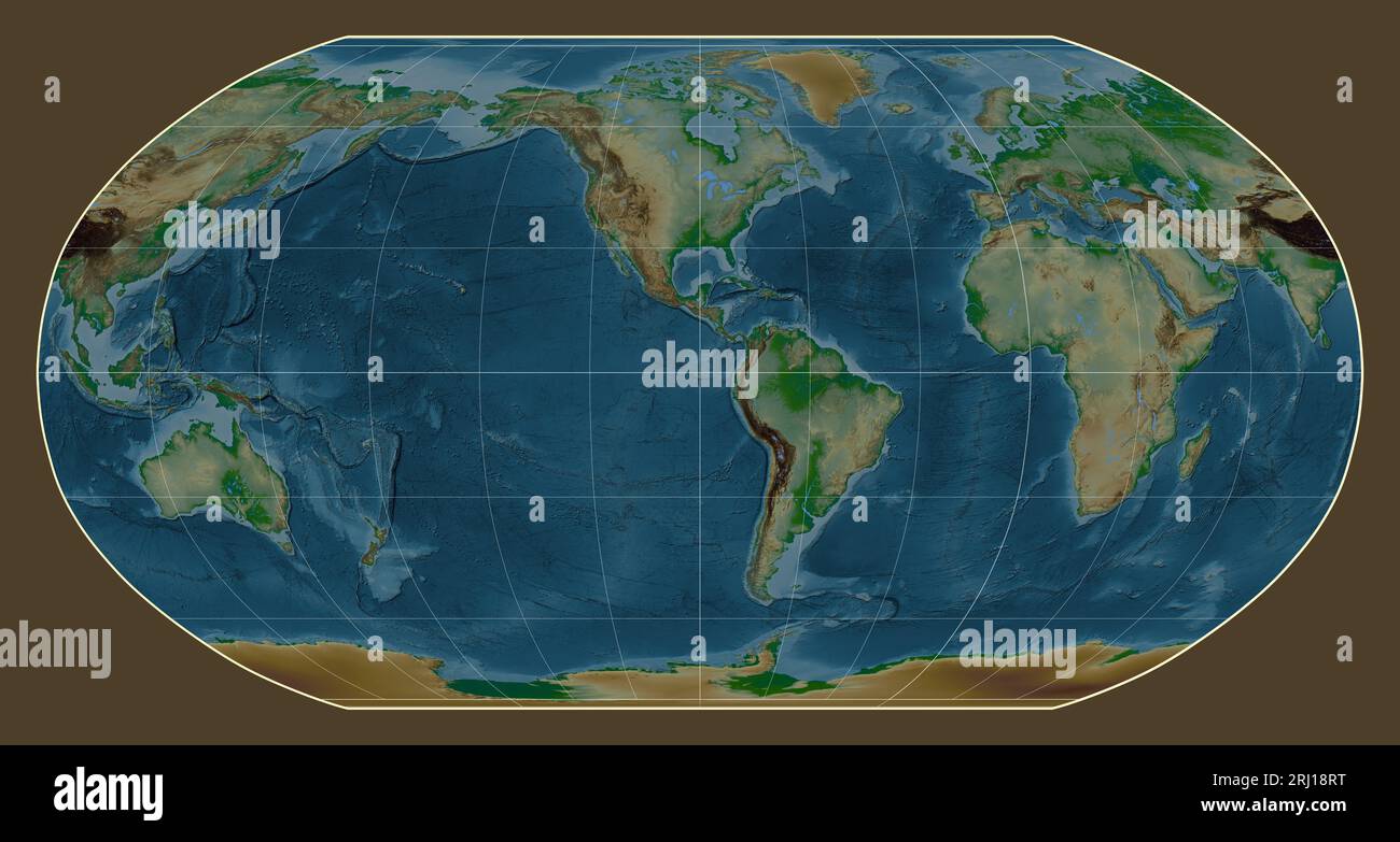 Physical map of the world in the Robinson projection centered on the ...