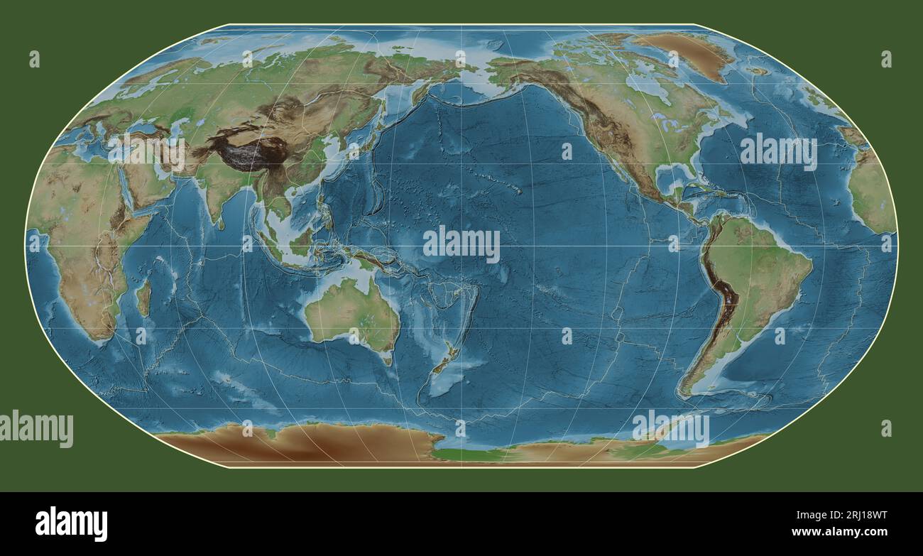 Tectonic plate boundaries on a colored elevation map of the world in ...
