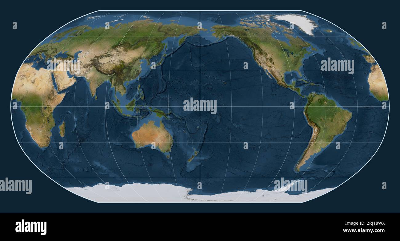 Satellite map of the world in the Robinson projection centered on the ...