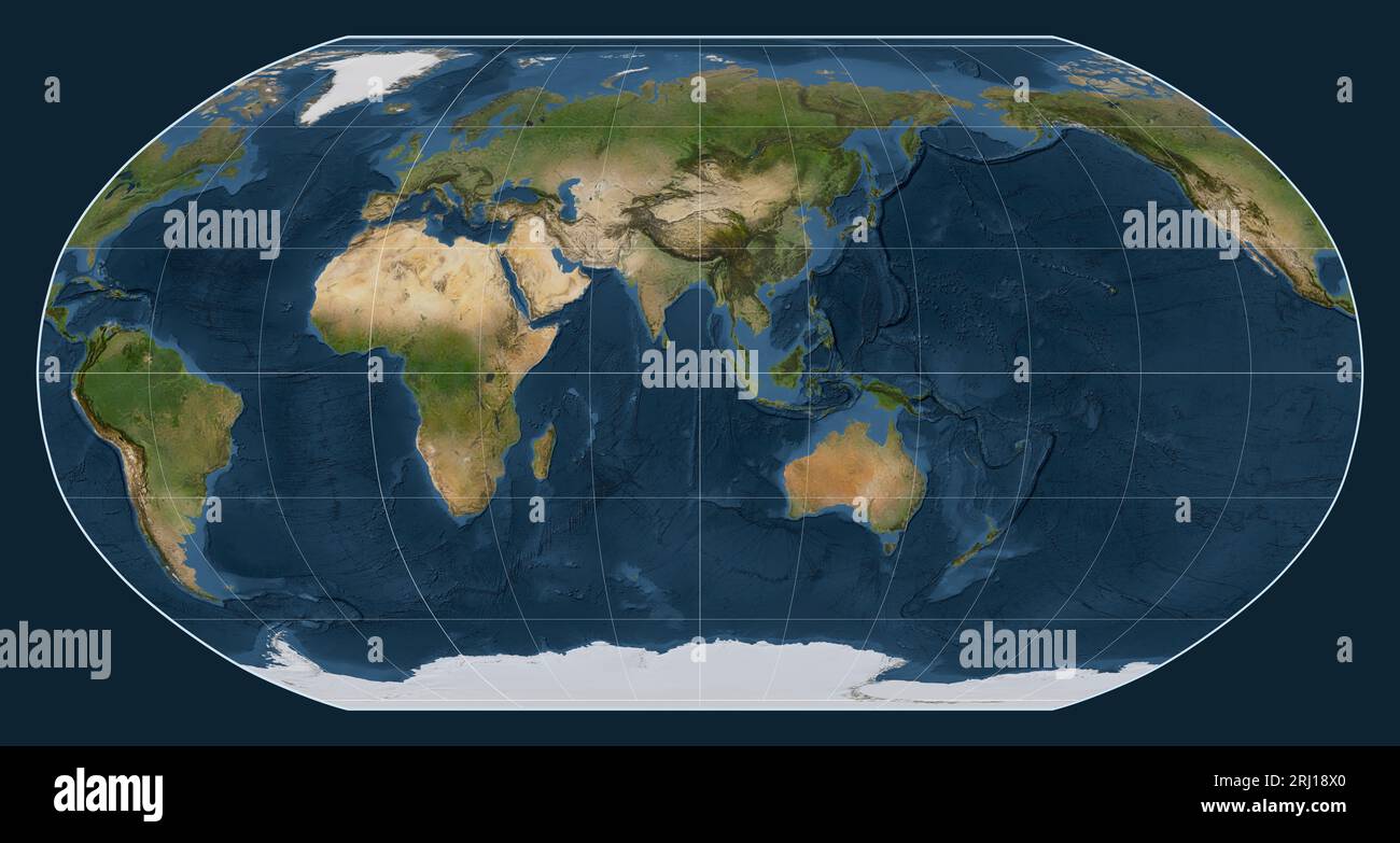 Satellite map of the world in the Robinson projection centered on the ...