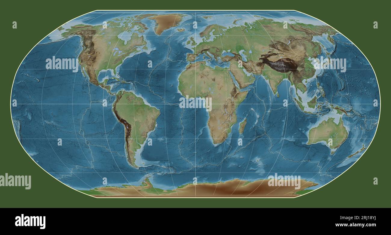 Tectonic plate boundaries on a colored elevation map of the world in ...