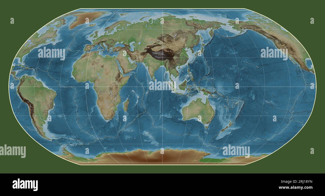 Tectonic plate boundaries on a colored elevation map of the world in ...