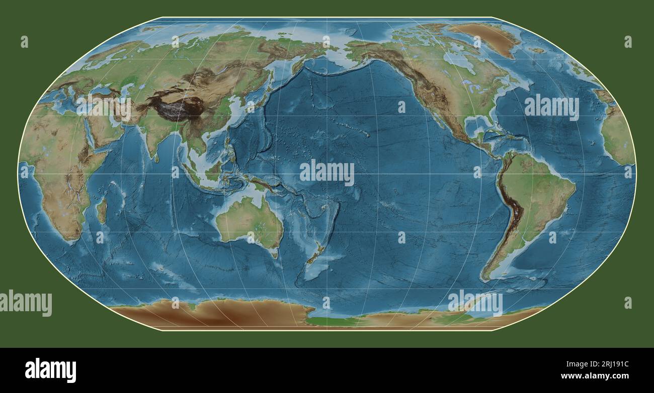 Colored elevation map of the world in the Robinson projection centered ...