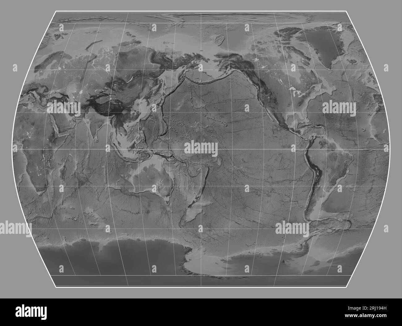 Grayscale map of the world in the Times projection centered on the ...