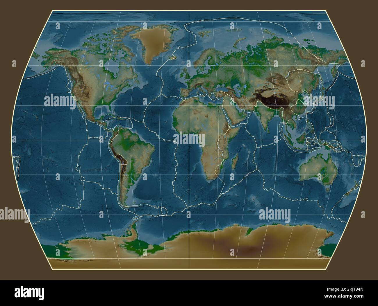 Tectonic plate boundaries on a physical map of the world in the Times ...
