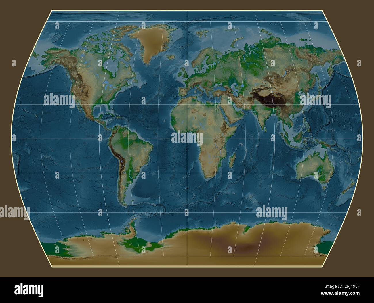Physical map of the world in the Times projection centered on the ...