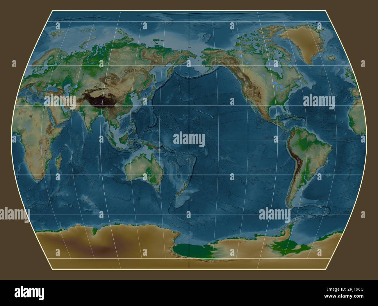 Physical map of the world in the Times projection centered on the ...