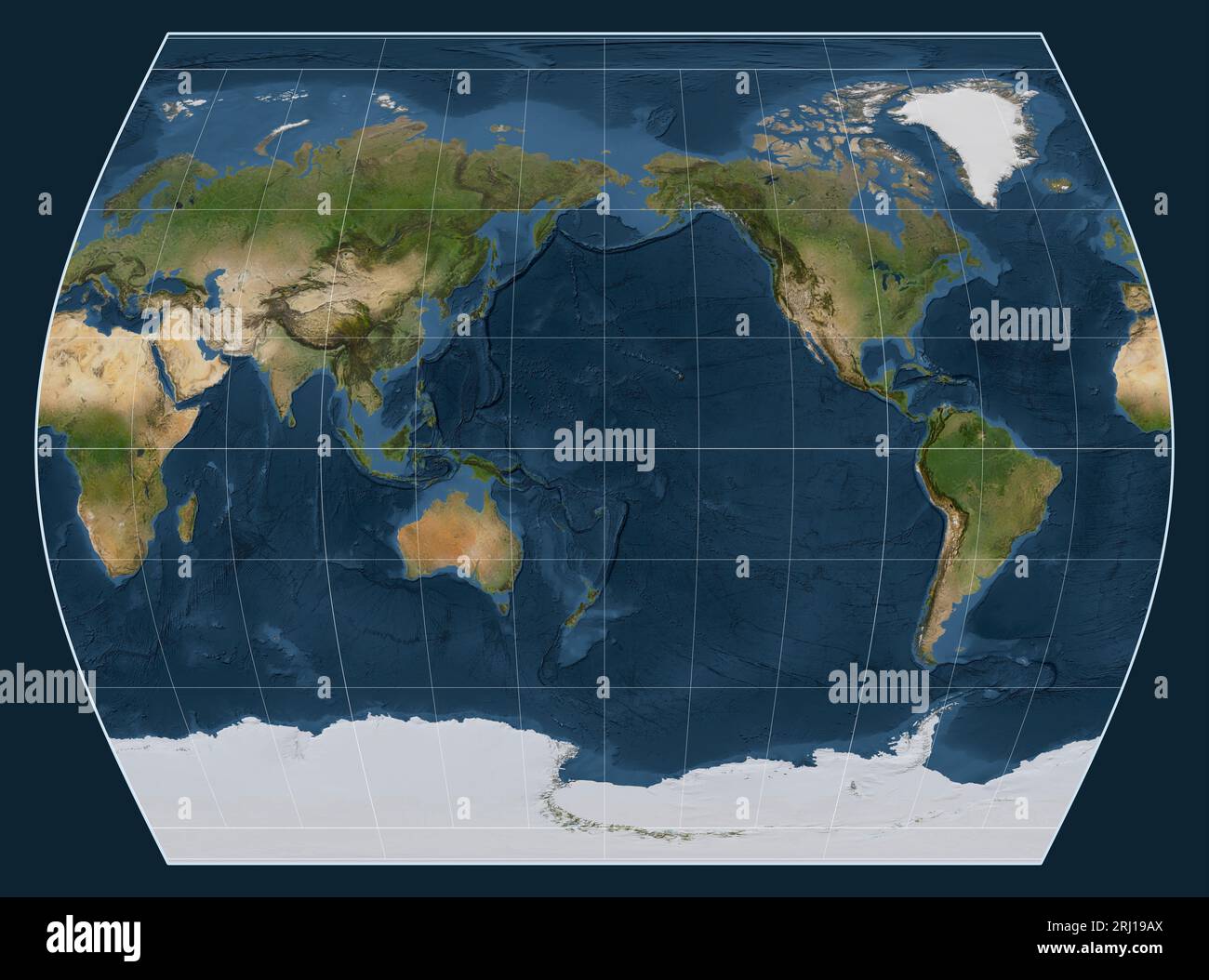 Satellite map of the world in the Times projection centered on the ...