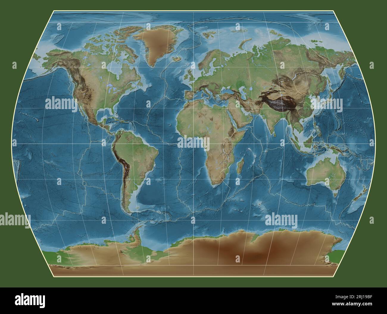 Tectonic plate boundaries on a colored elevation map of the world in ...