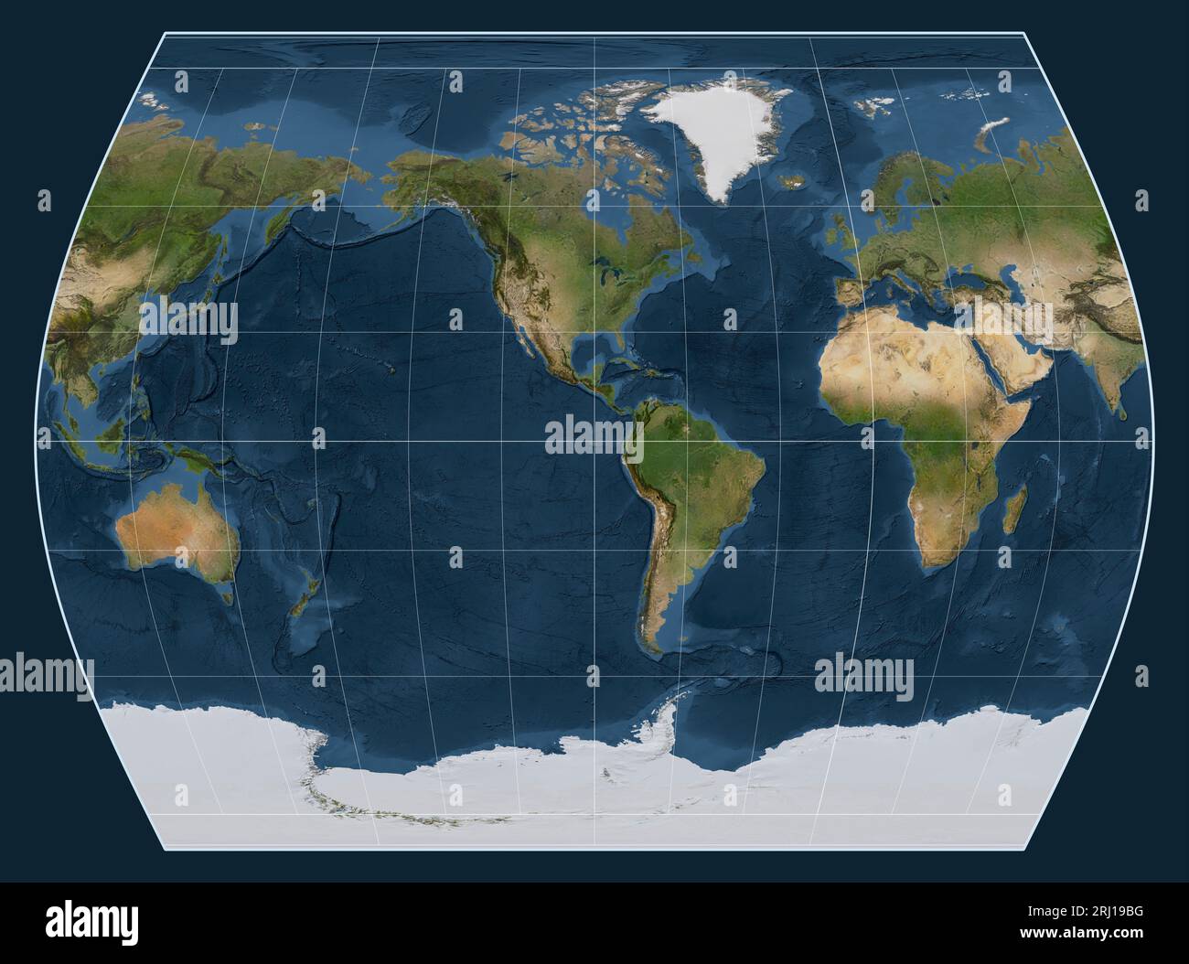 Satellite map of the world in the Times projection centered on the ...