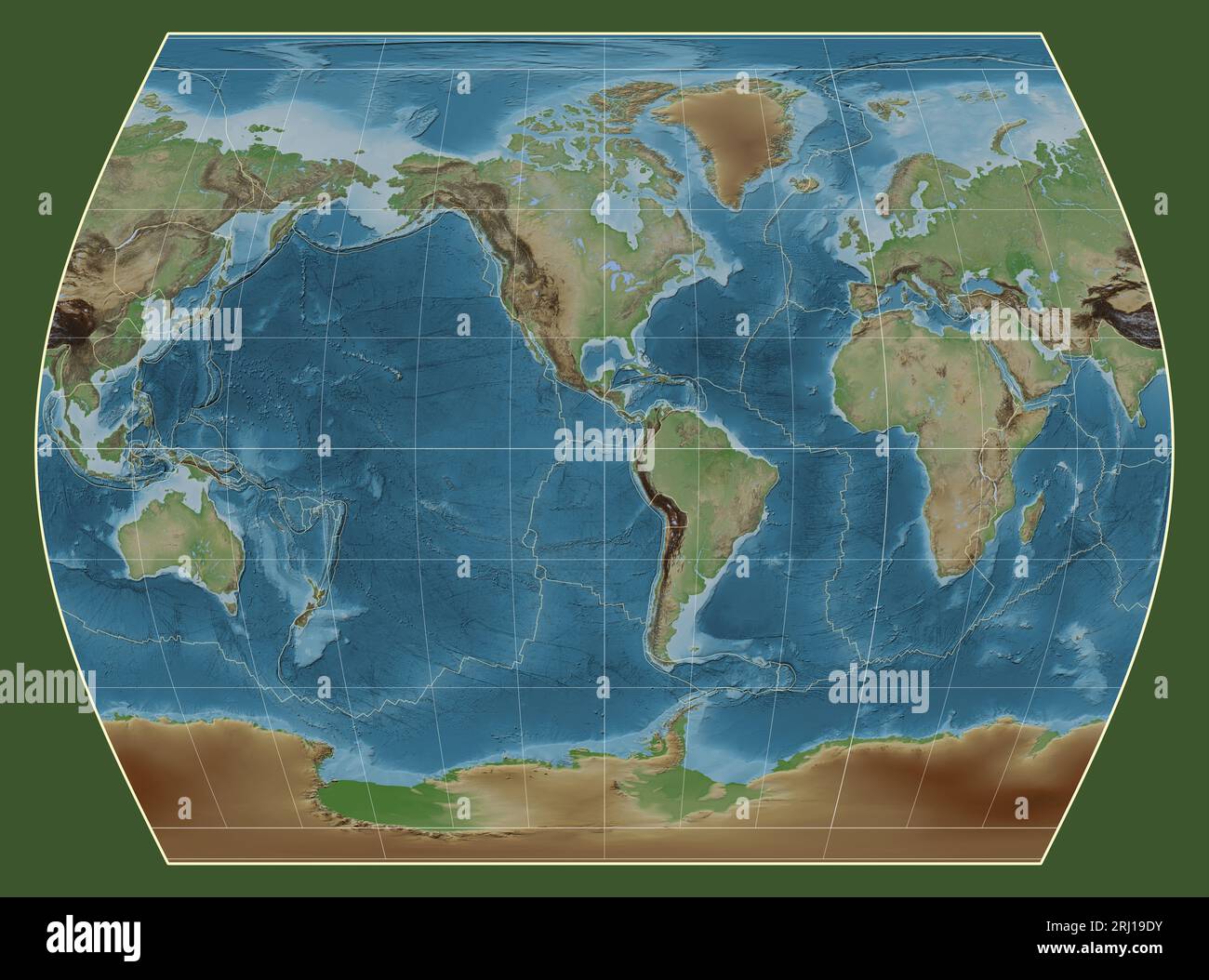 Tectonic plate boundaries on a colored elevation map of the world in ...