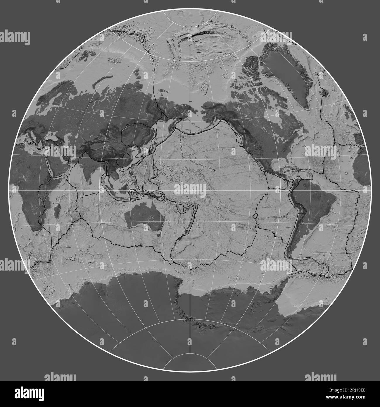 Tectonic plate boundaries on a bilevel map of the world in the van der ...