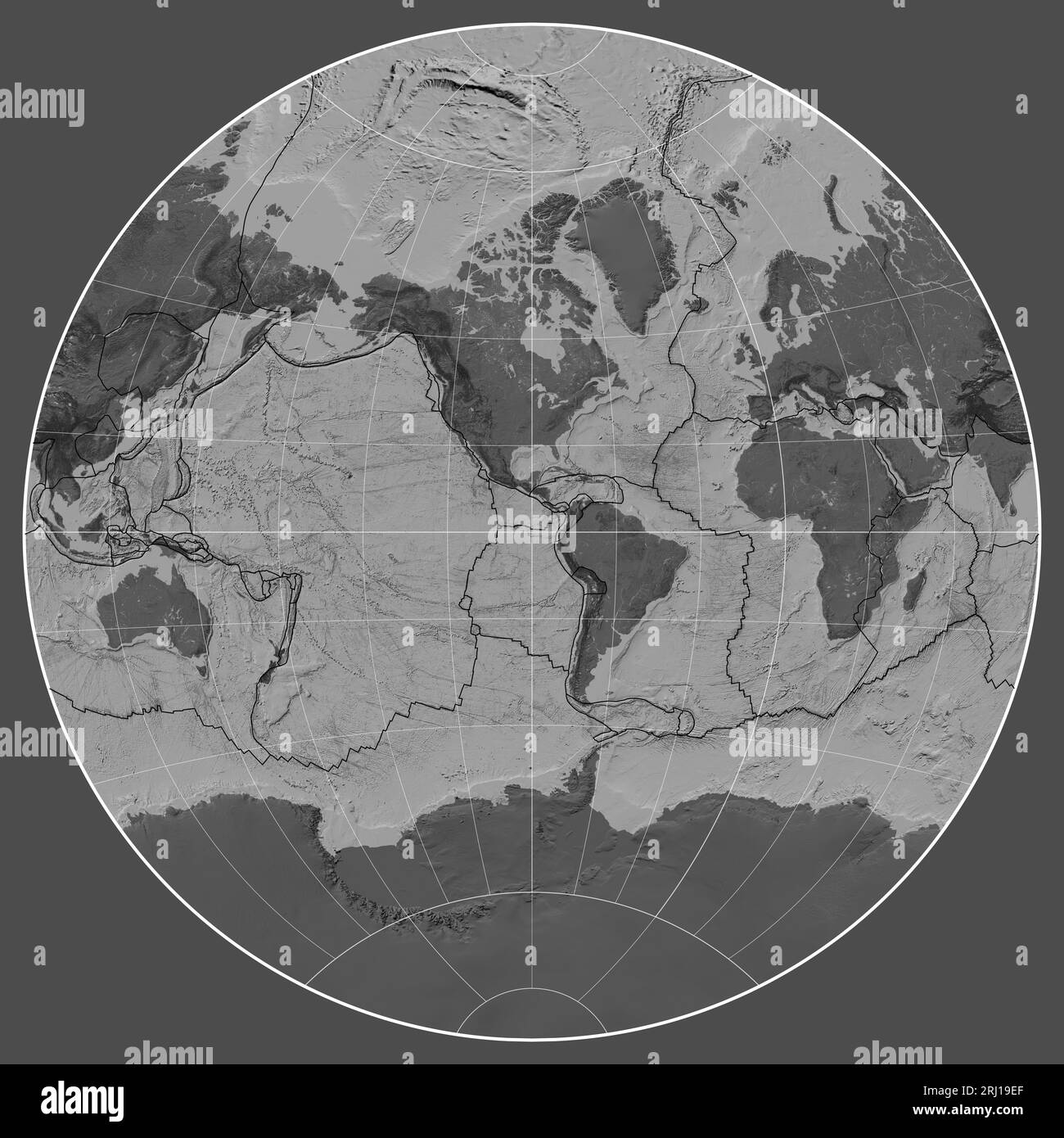 Tectonic plate boundaries on a bilevel map of the world in the van der ...