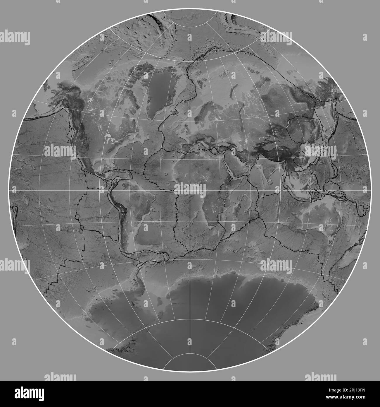 Tectonic plate boundaries on a grayscale map of the world in the van ...
