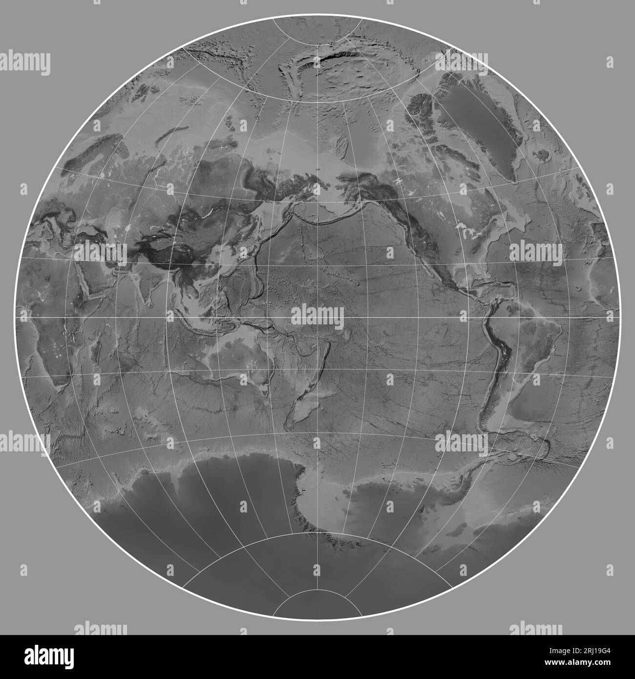Grayscale map of the world in the van der Grinten I projection centered ...