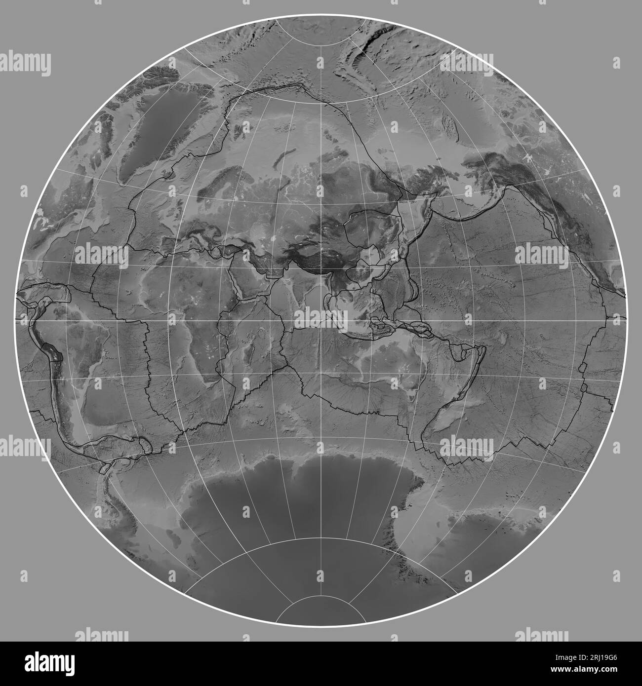 Tectonic plate boundaries on a grayscale map of the world in the van ...