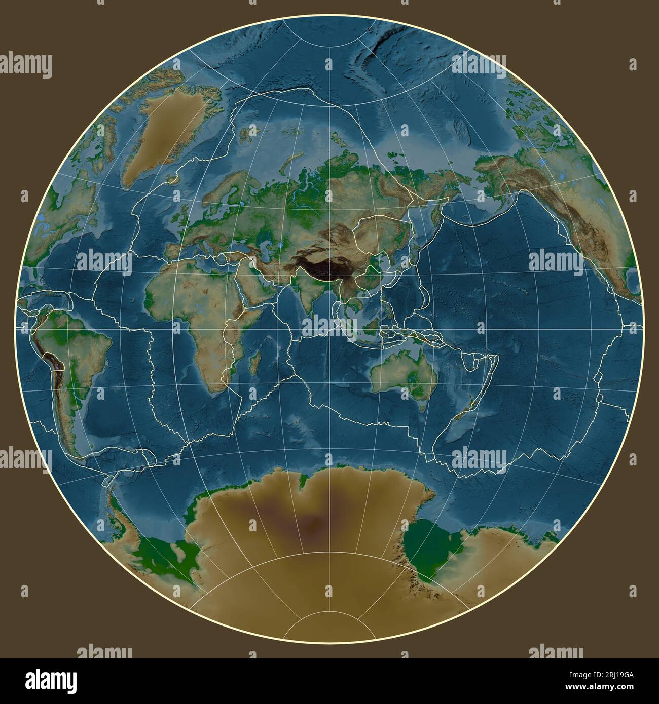 Tectonic plate boundaries on a physical map of the world in the van der ...