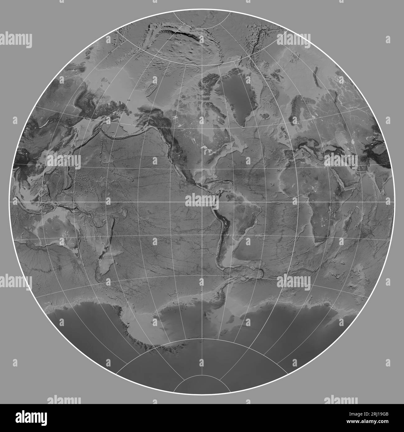 Grayscale map of the world in the van der Grinten I projection centered ...