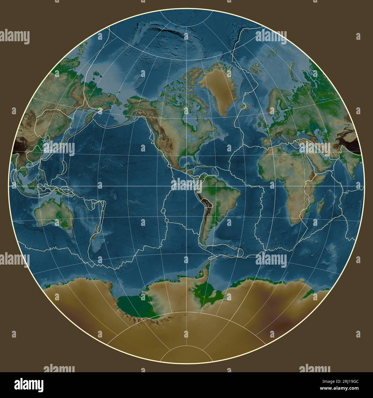 Tectonic plate boundaries on a physical map of the world in the van der ...
