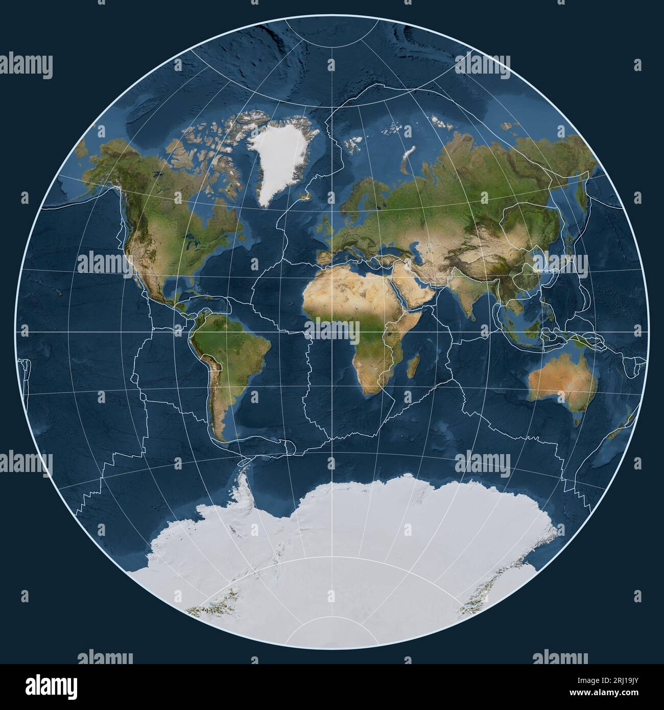 Tectonic plate boundaries on a satellite map of the world in the van ...