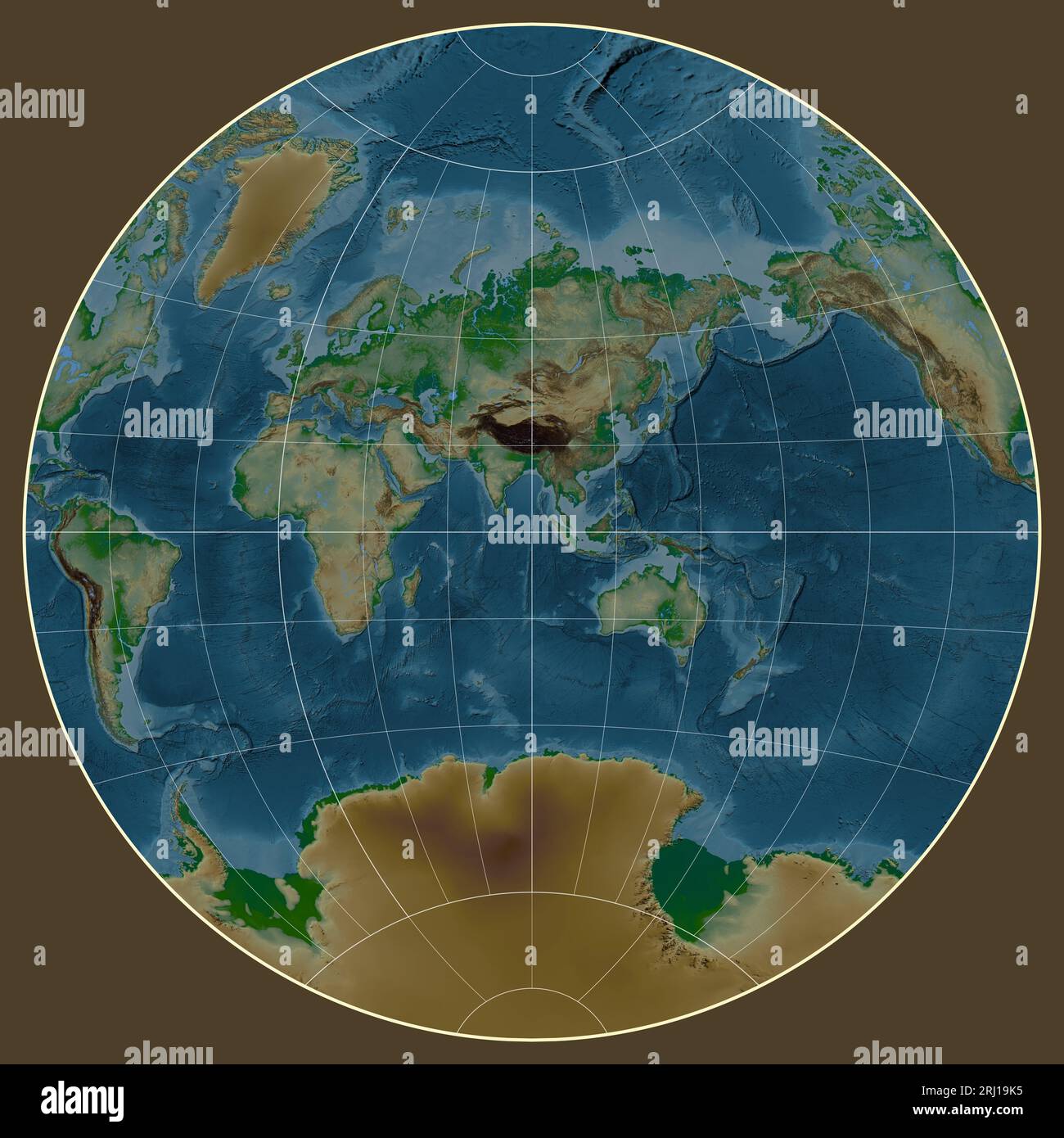 Physical map of the world in the van der Grinten I projection centered ...