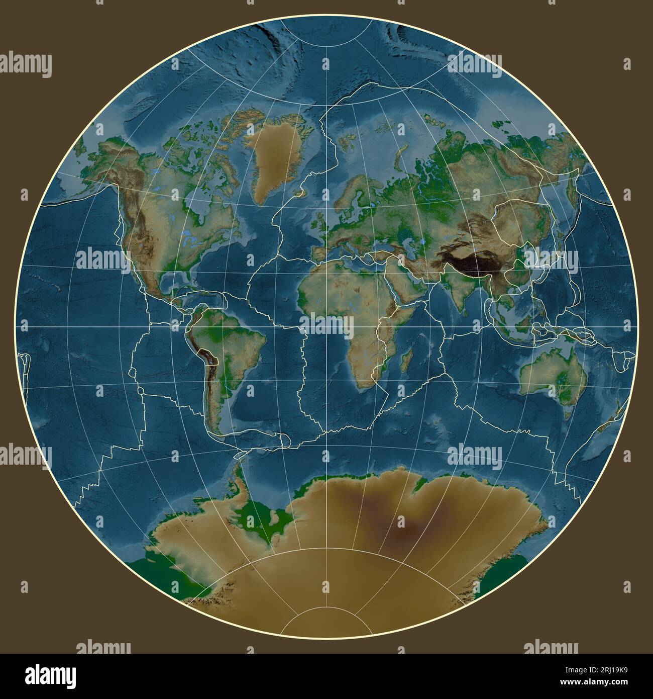 Tectonic plate boundaries on a physical map of the world in the van der ...