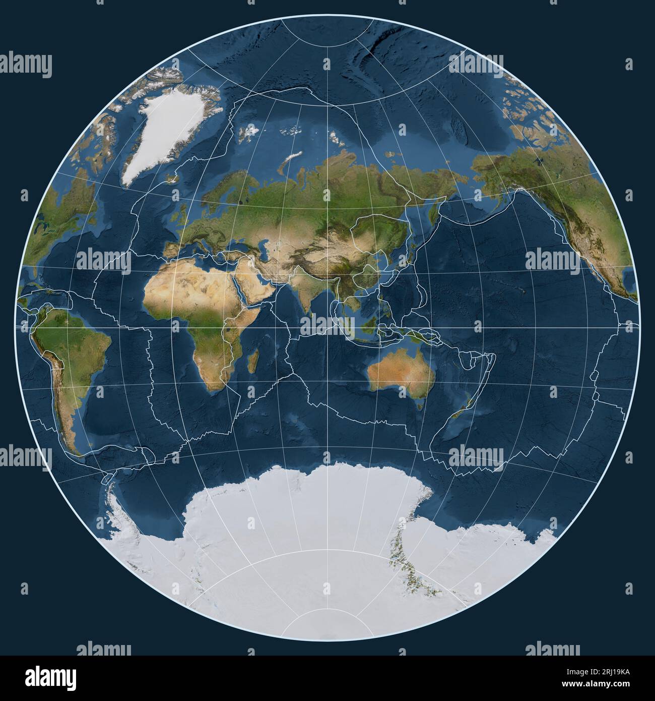 Tectonic plate boundaries on a satellite map of the world in the van ...