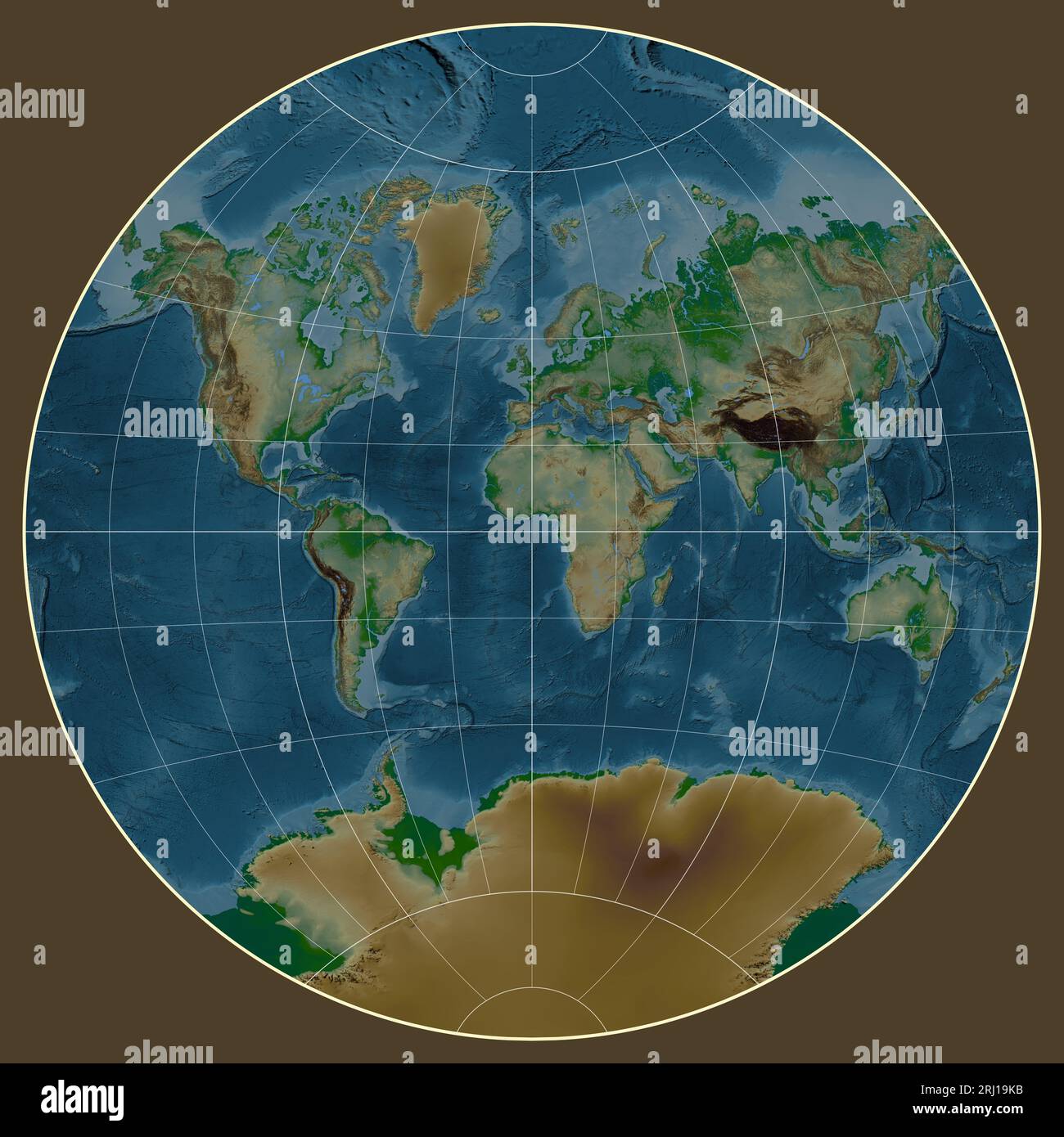 Physical map of the world in the van der Grinten I projection centered ...