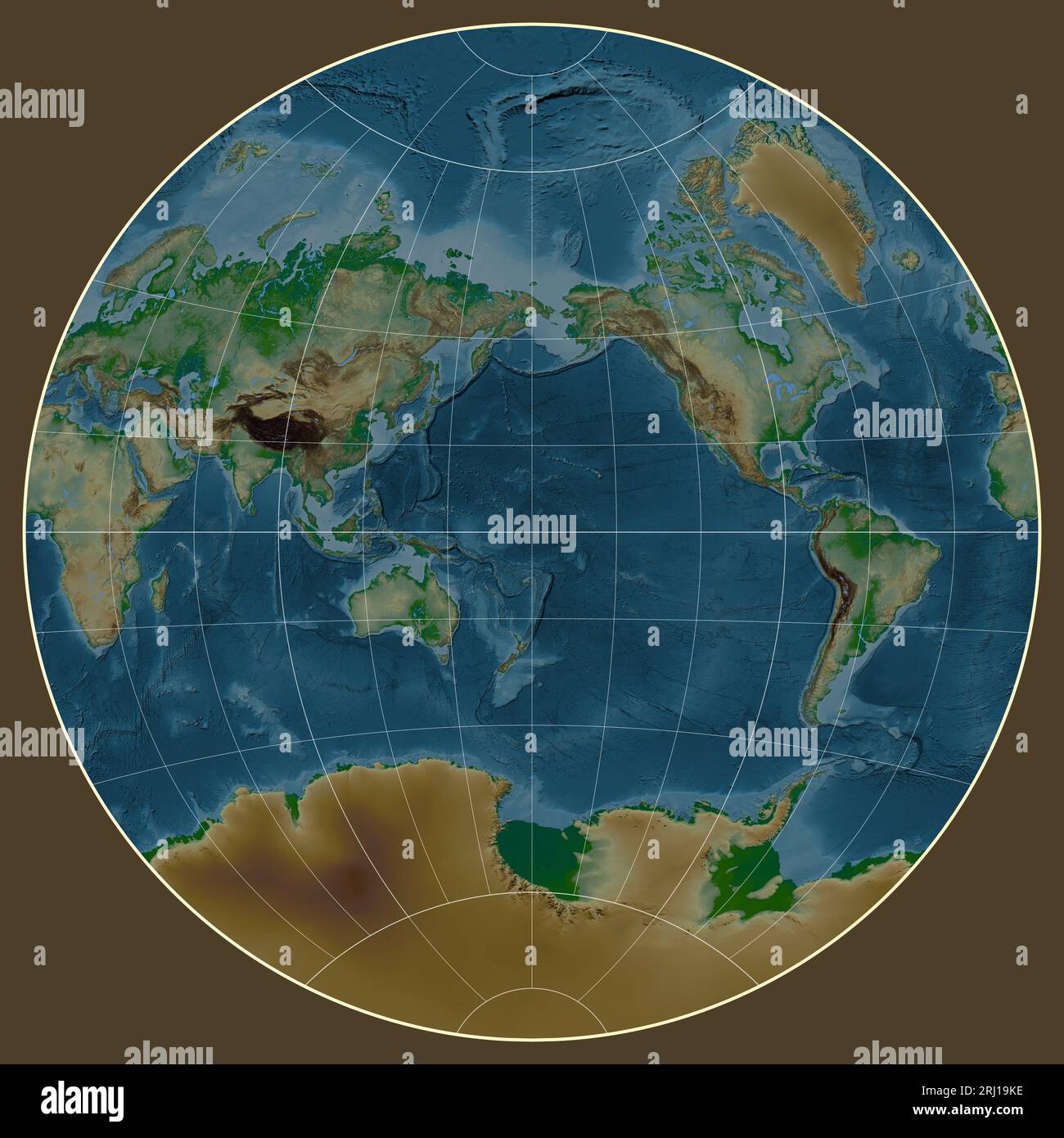 Physical map of the world in the van der Grinten I projection centered ...