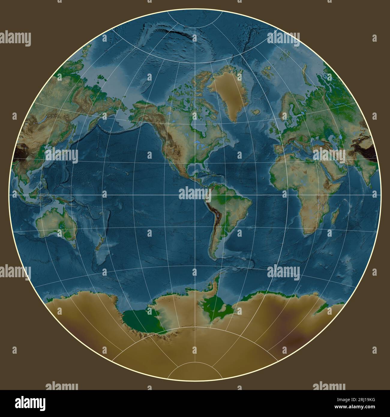 Physical map of the world in the van der Grinten I projection centered ...