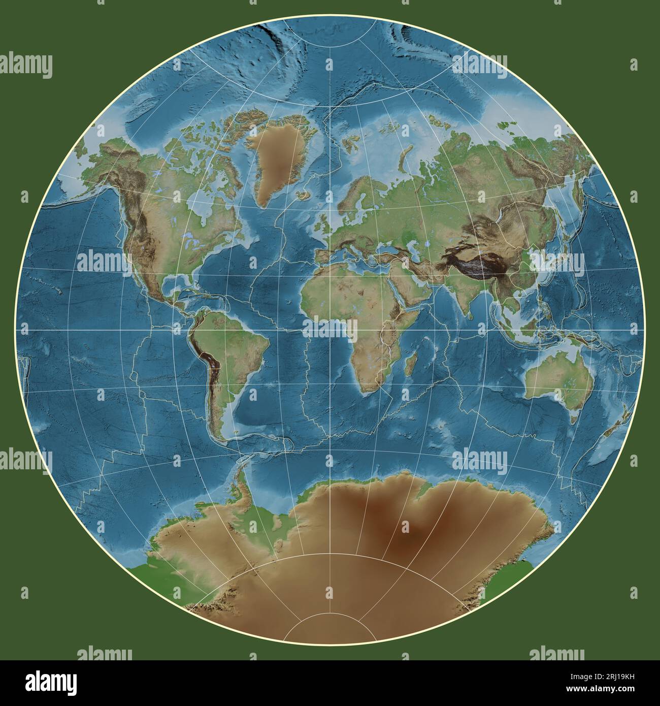 Tectonic plate boundaries on a colored elevation map of the world in ...