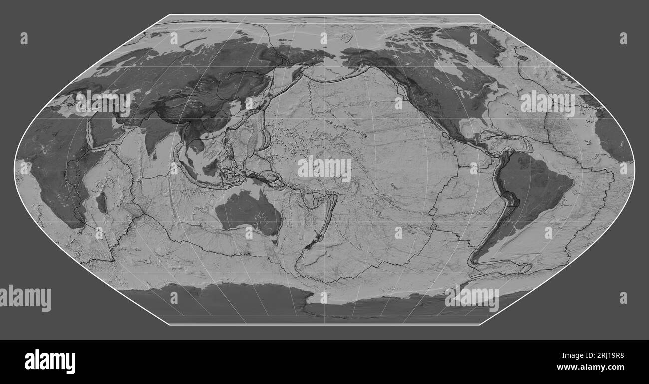 Tectonic plate boundaries on a bilevel map of the world in the Winkel I ...
